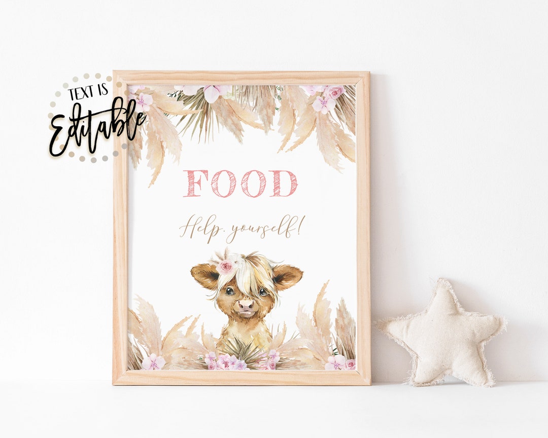 Boho Highland Cow Food Sign, Food Station Sign, Calf, Pampas Grass ...