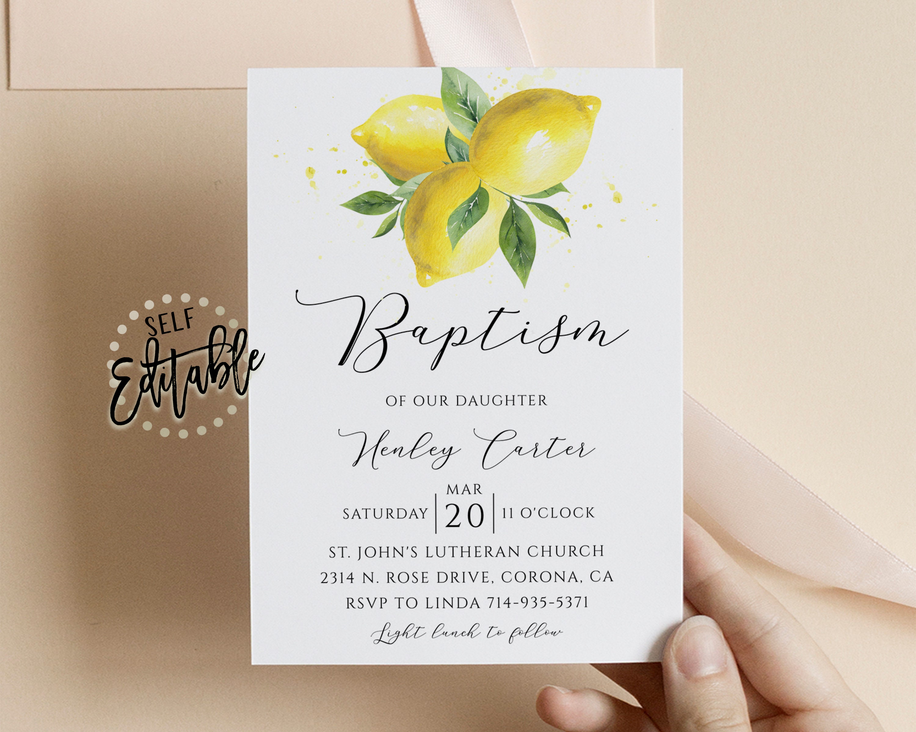 Lemons Baptism Invite Boy Or Girl Dedication Watercolor | Etsy