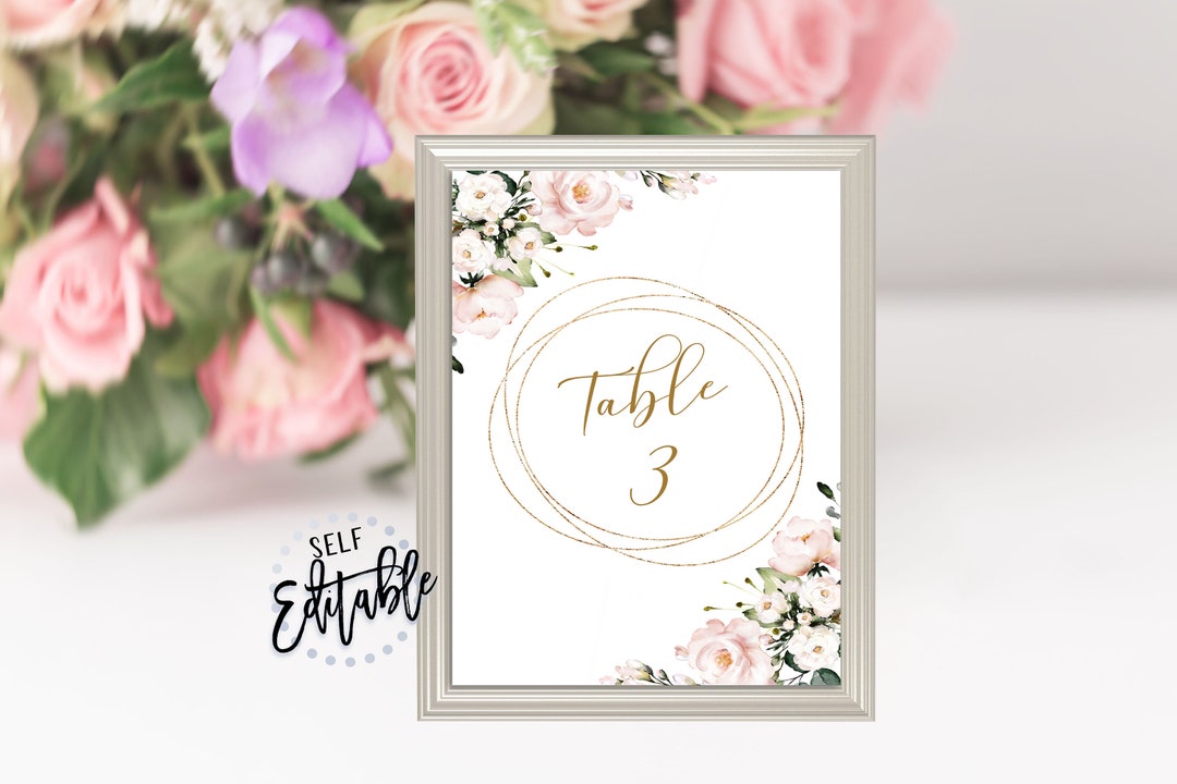 Pink Floral Table Numbers Template, Gold Frame, Table Sign, Baptism ...