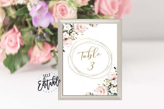 Pink Floral Table Numbers Template Gold Frame Table Sign | Etsy