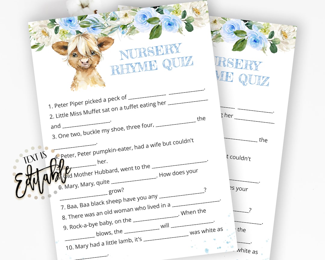 Highland Cow Nursery Rhyme Quiz, Baby Shower Game, Blue Floral, Baby ...