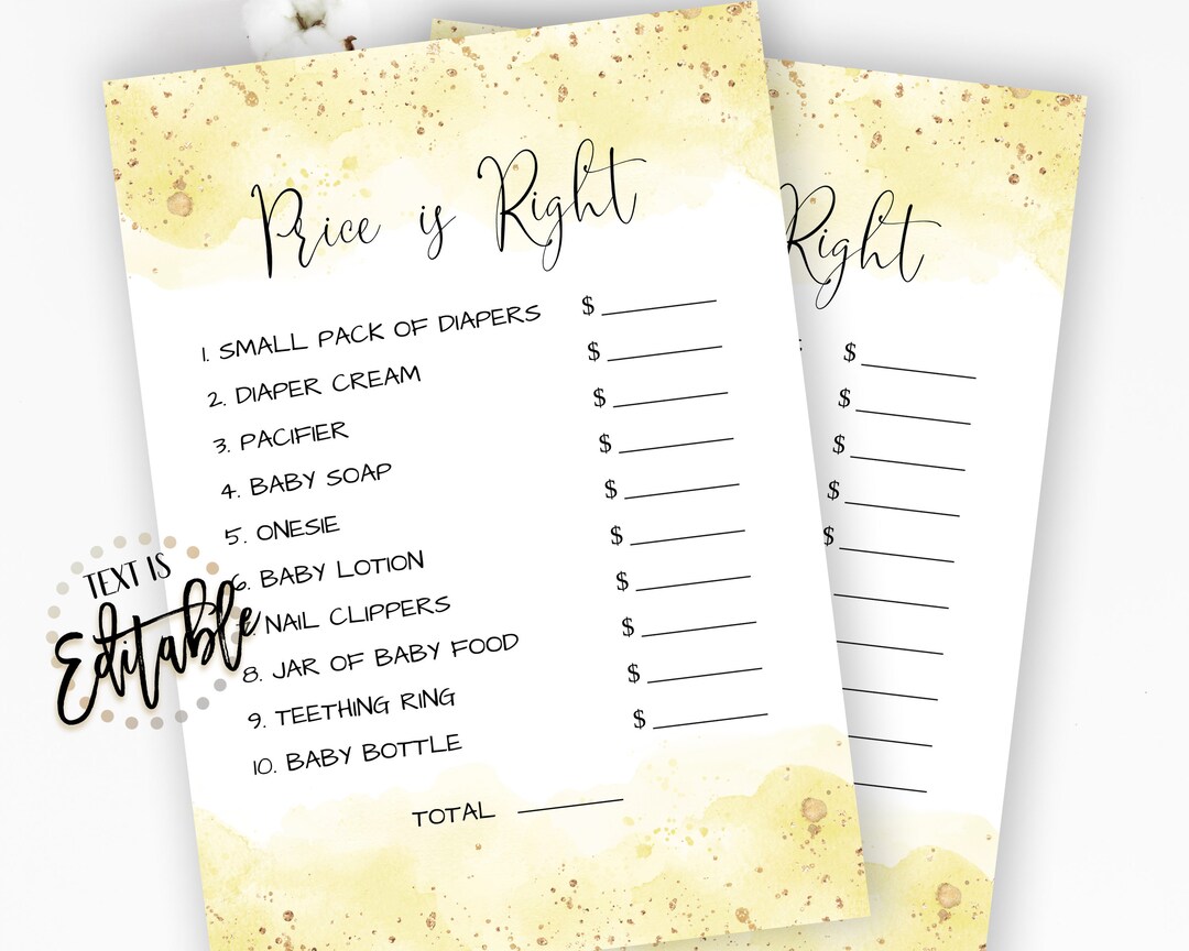 Yellow Watercolor Price is Right Game, You Are My Sunshine, Baby Shower ...