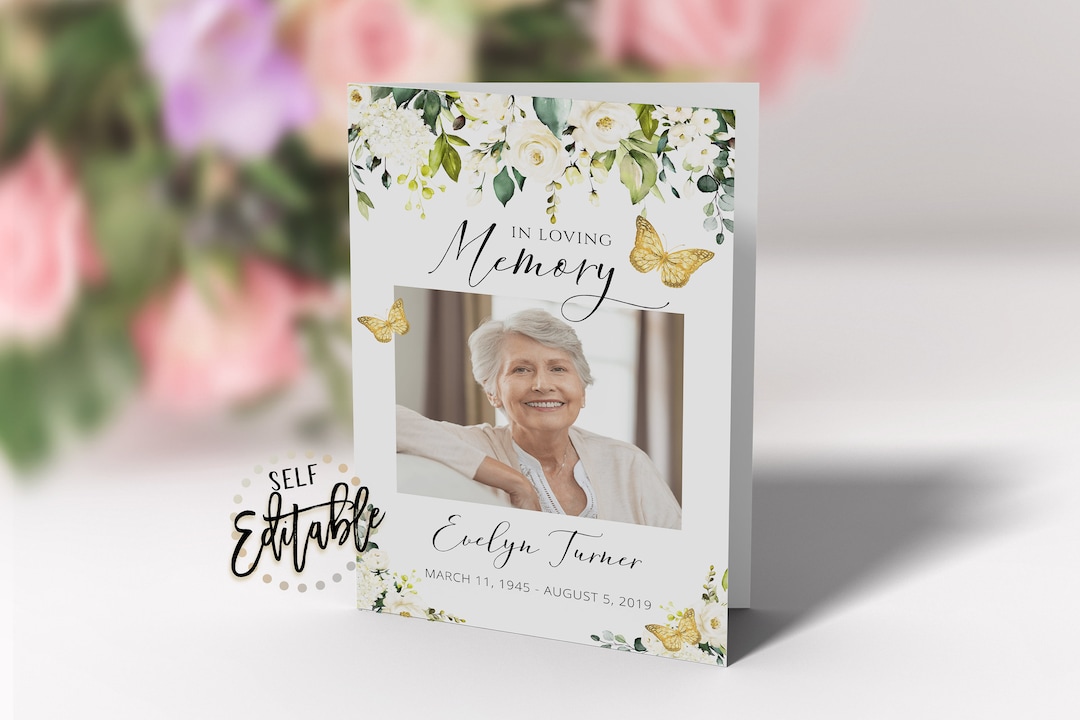 White Floral Butterfly Funeral Program, Funeral Service, in Loving ...