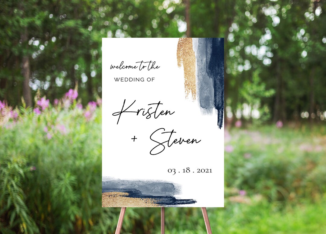 Navy Blue & Gold Wedding Welcome Sign, Watercolor Splash, Abstract ...