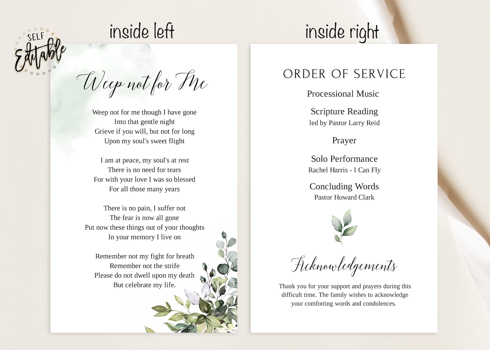 Sage Greenery Funeral Program Template Memorial Service | Etsy