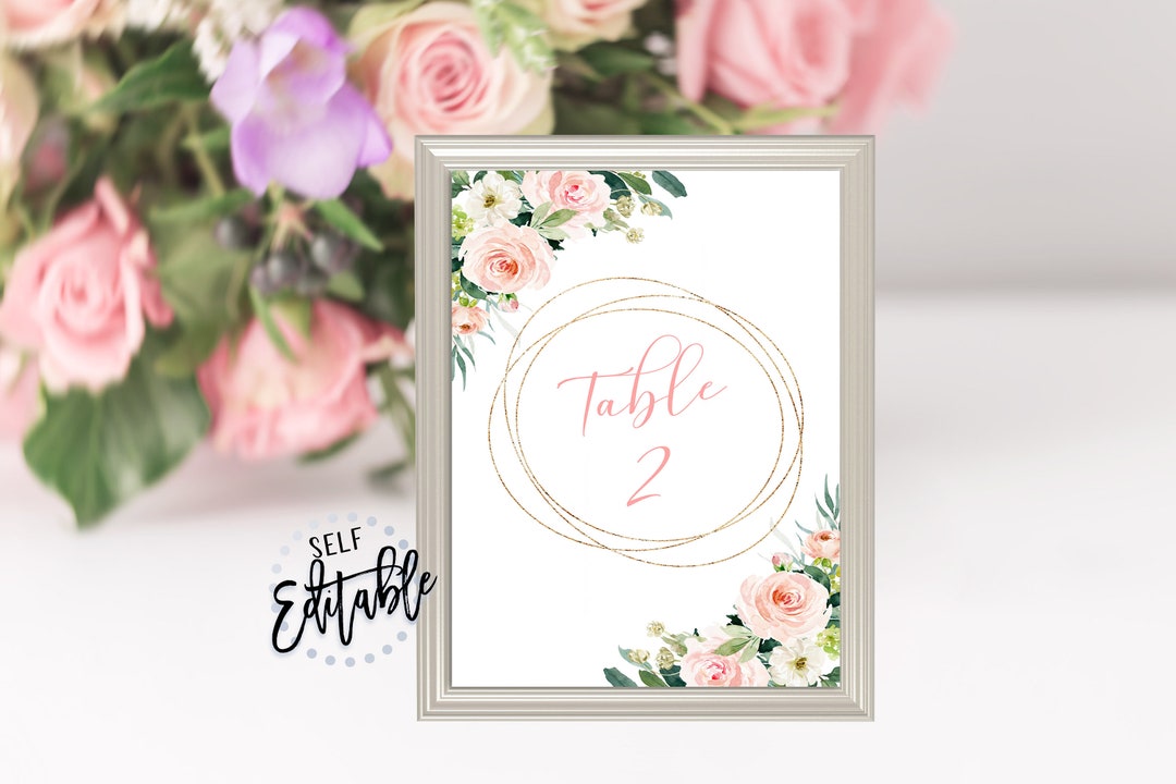 Blush Pink Floral Table Numbers Template, Gold Frame, Table Sign ...
