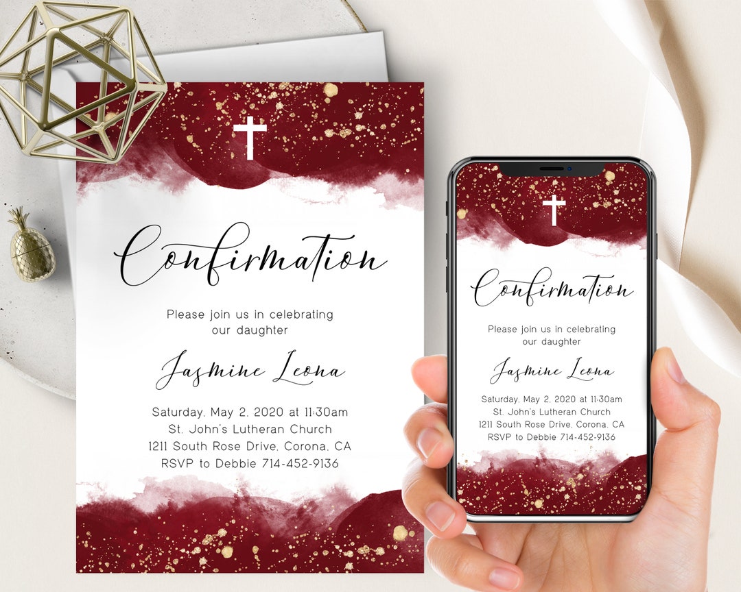 Red Watercolor Confirmation Invite, Apple Red, Gold, Boy or Girl ...