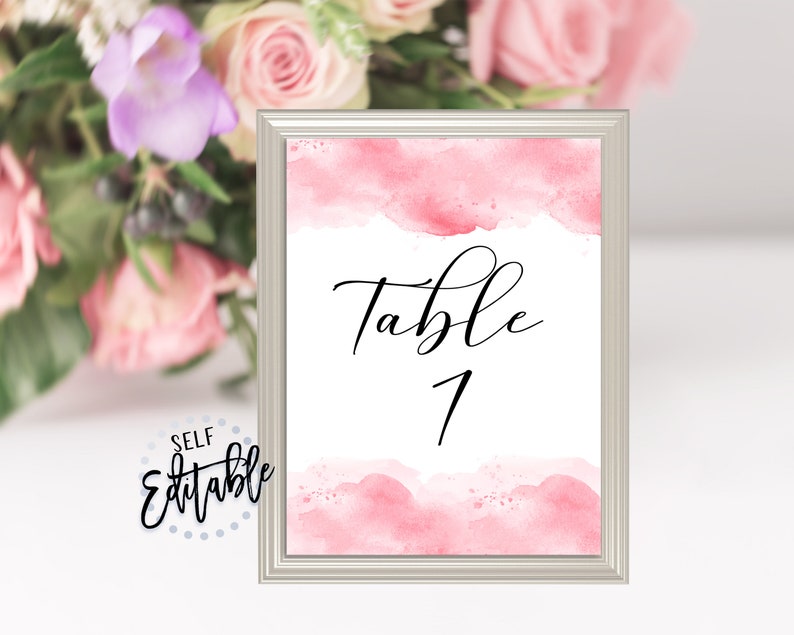 Pink Watercolor Table Numbers Template, Seating Sign, Watercolor Splash ...