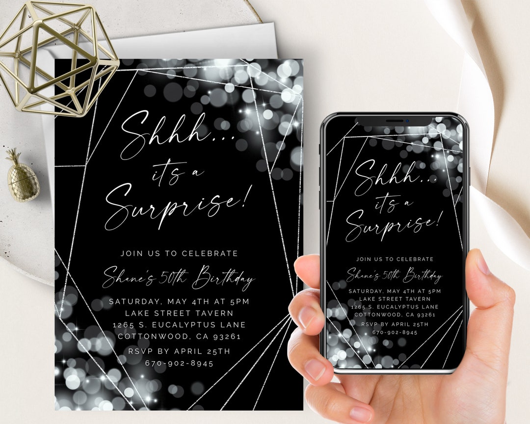 Shhh Surprise Party Invite, ANY Age, Surprise Birthday, Black and ...