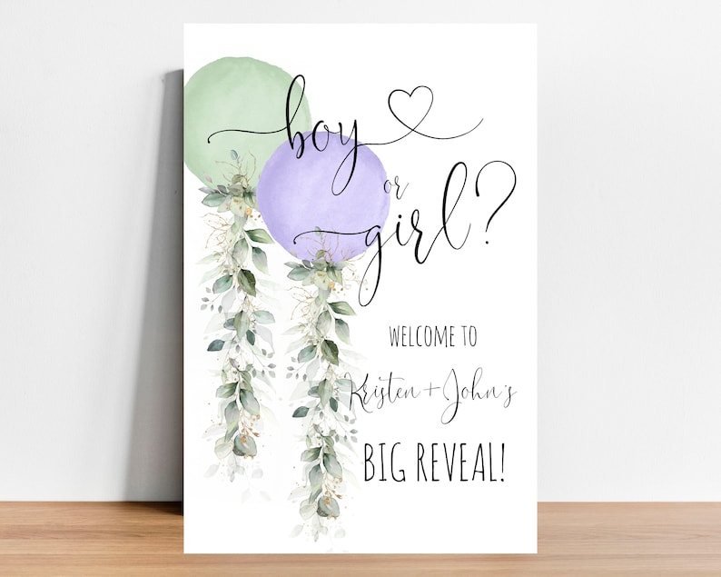 Sage and Lavender Balloons Gender Reveal Welcome Sign, 3 Sizes Included ...