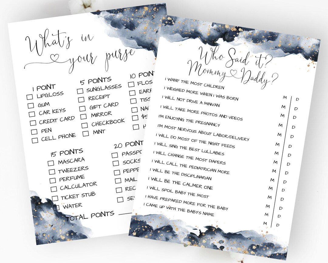 Navy Blue Watercolor Baby Shower Games, What's in Your Purse Game, Who ...