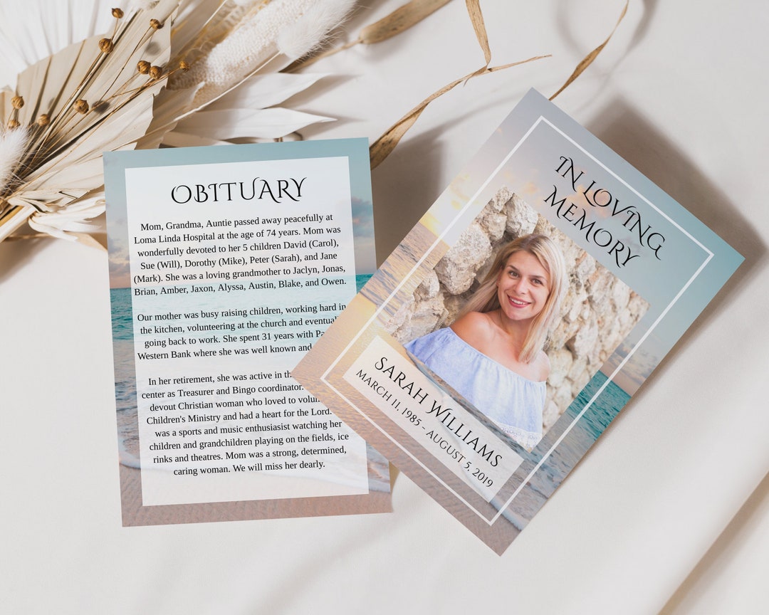 Beach Memorial Card Template, Memorial Announcement, Sunset, Ocean ...