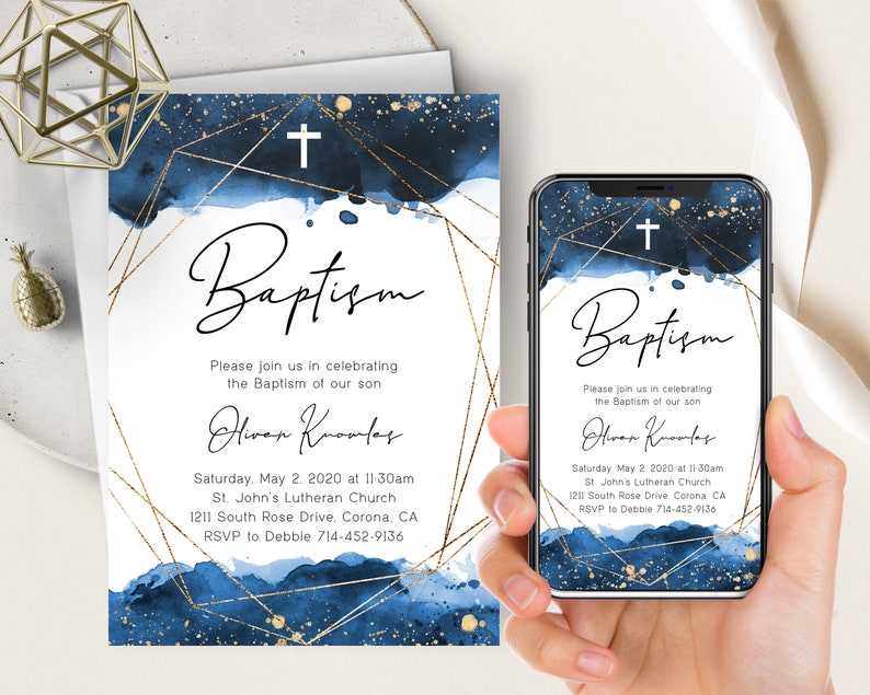 Royal Blue Watercolor Splash Baptism Gold Frame Boy - Etsy