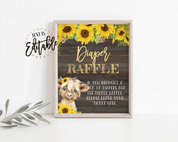 Highland Cow Diaper Raffle Sign Sunflowers Baby Calf Yellow | Etsy
