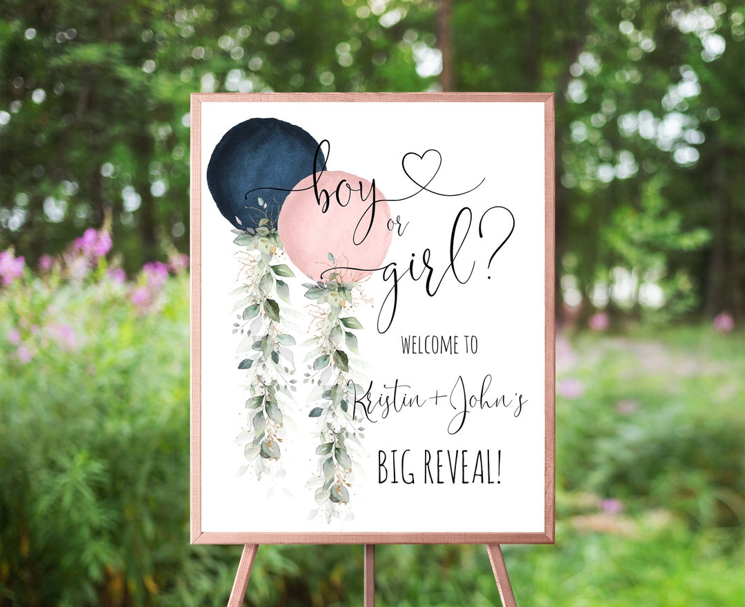 Gender Reveal Welcome Sign, 3 Sizes Included, Pink and Navy Blue ...