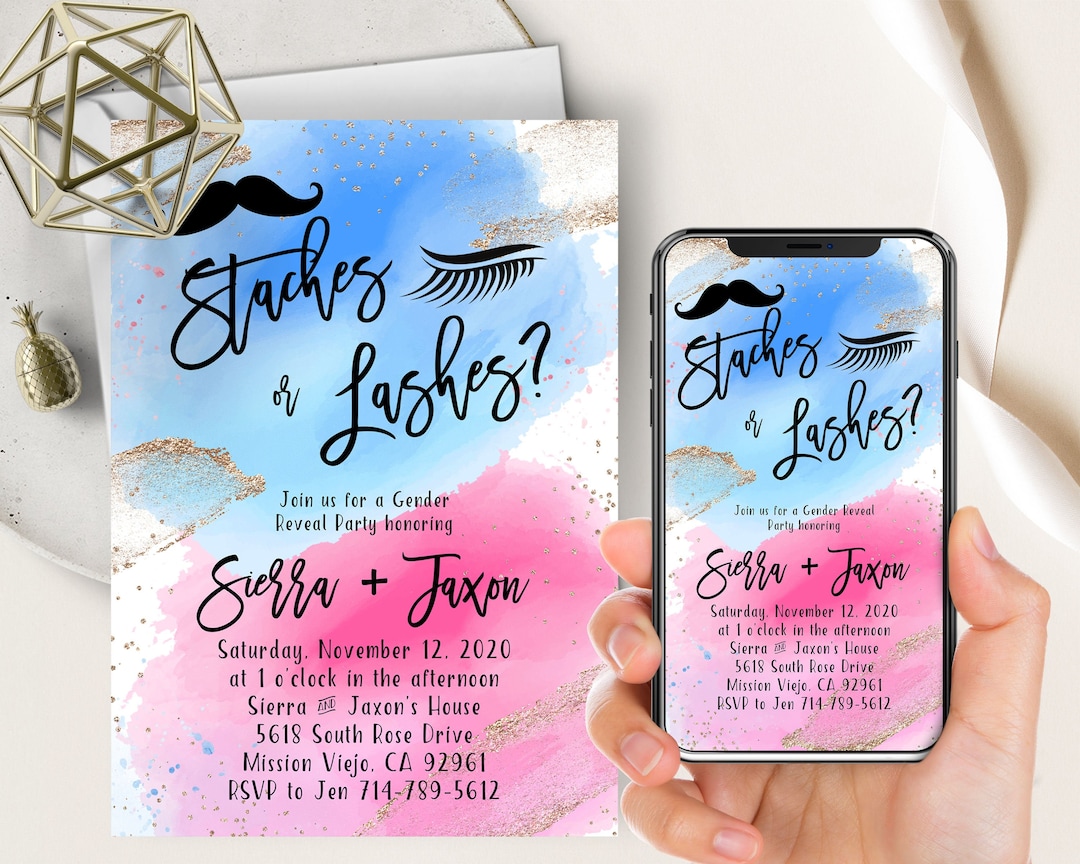 Stashes or Lashes Gender Reveal Phone Evite+printable Invite, Pink and ...