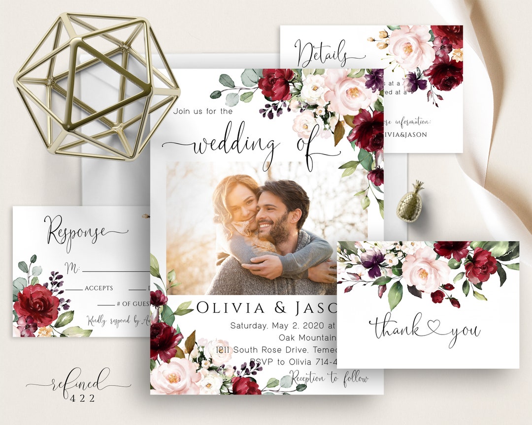 Marsala Floral Wedding Invite Set, Insert Photo, Burgundy Merlot Pink ...