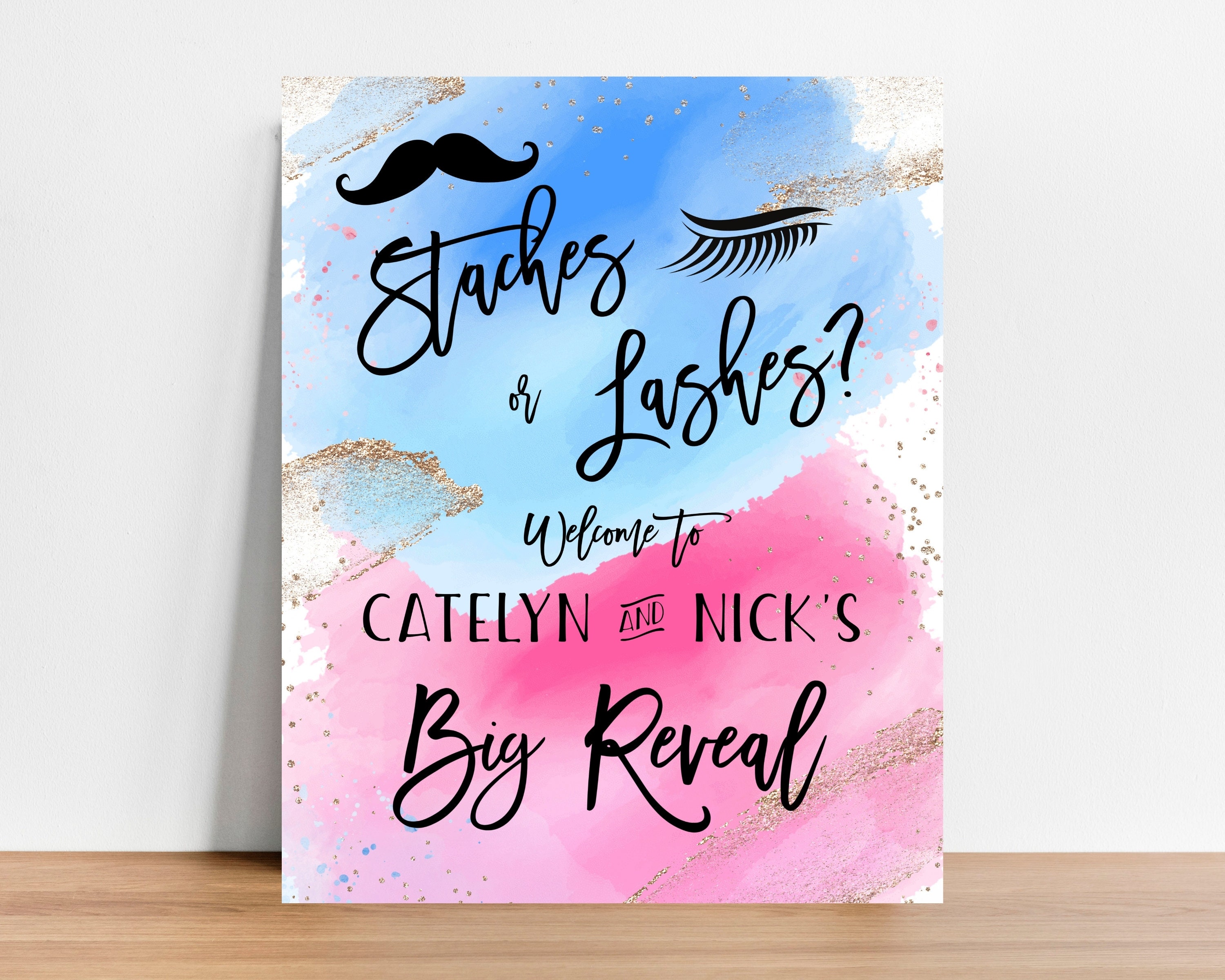 Staches or Lashes Gender Reveal Welcome Sign Pink And Blue | Etsy