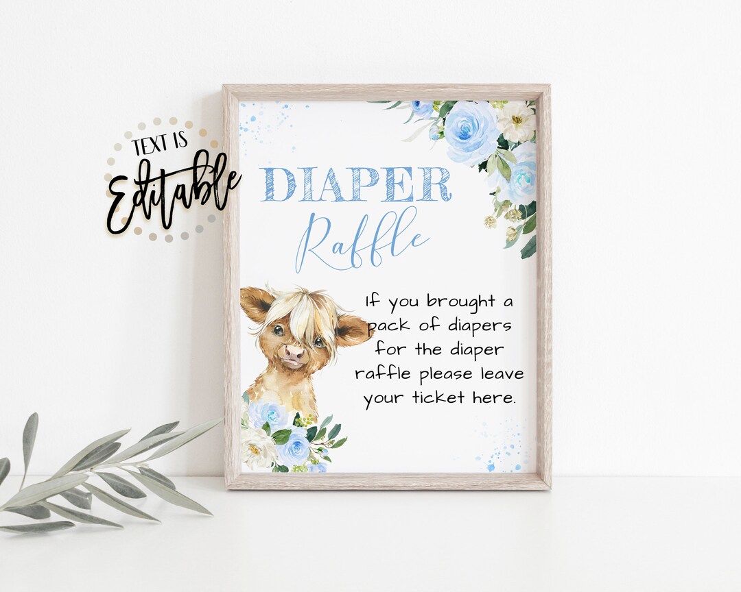 Highland Cow Diaper Raffle Sign, Blue Floral Watercolor, Baby Calf ...