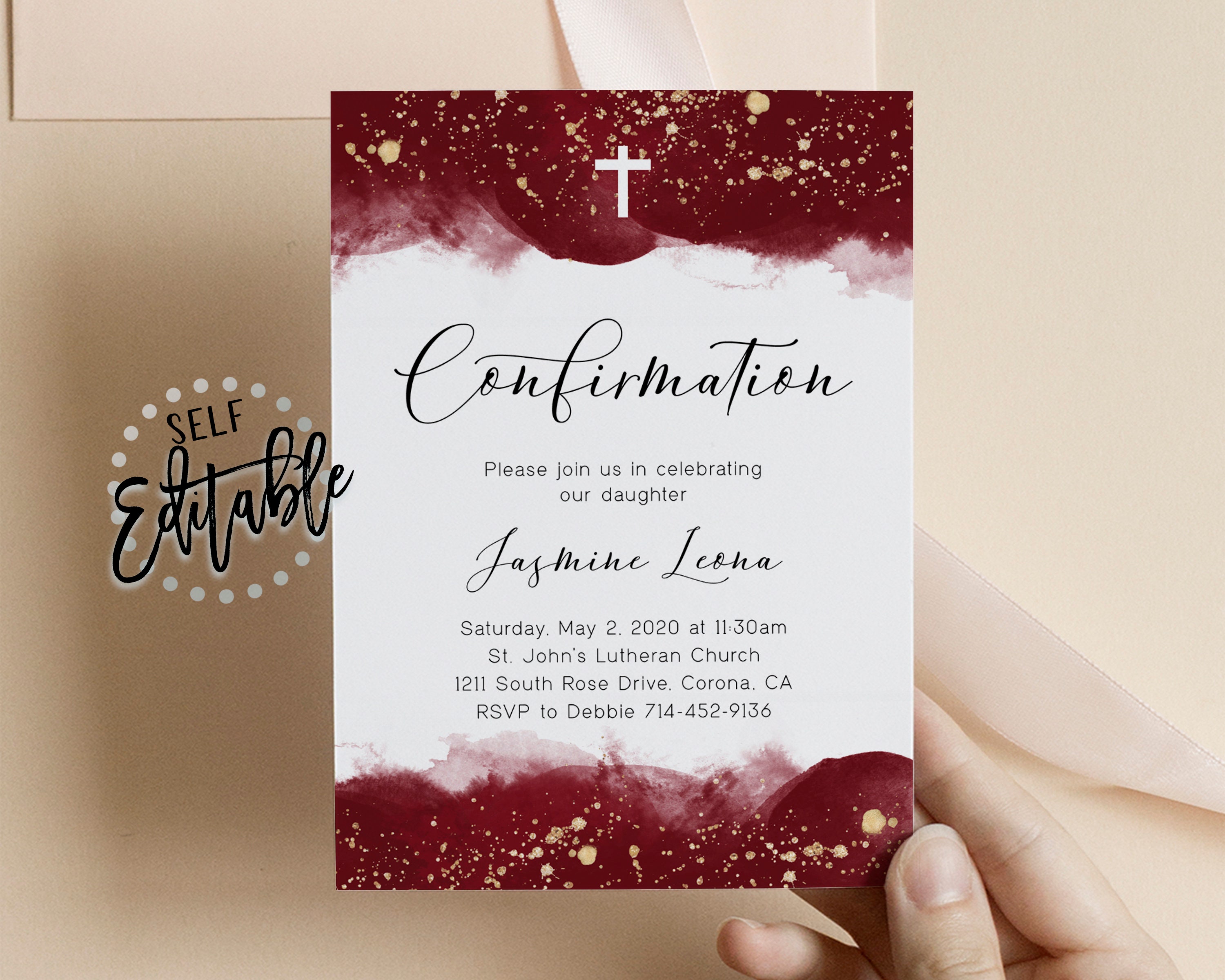 Red Watercolor Confirmation Invite Apple Red Gold Boy or - Etsy