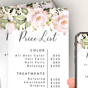 Pink Floral Price List, Electronic+printable Price Sheet, ANY BUSINESS ...