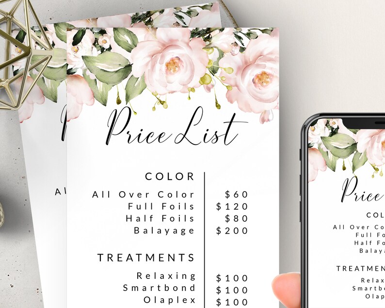 Pink Floral Price List, Electronic+printable Price Sheet, ANY BUSINESS ...