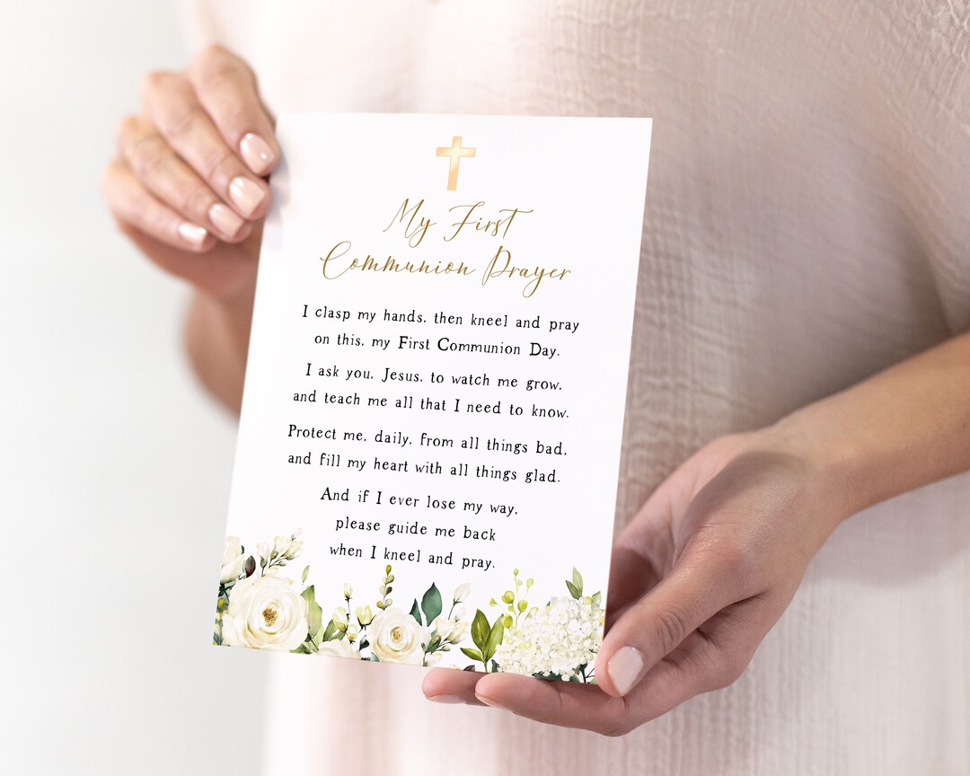 First Communion Prayer Card, White Cream Floral, Girl First Holy ...