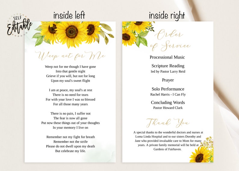 Printable Funeral Program Template Sunflowers Memorial | Etsy