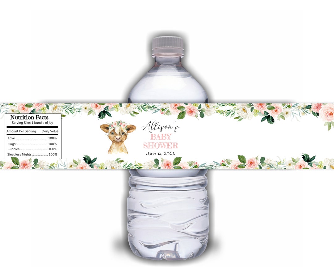 Highland Cow Water Bottle Labels, Cow Baby Shower, Pink Floral, Girl ...