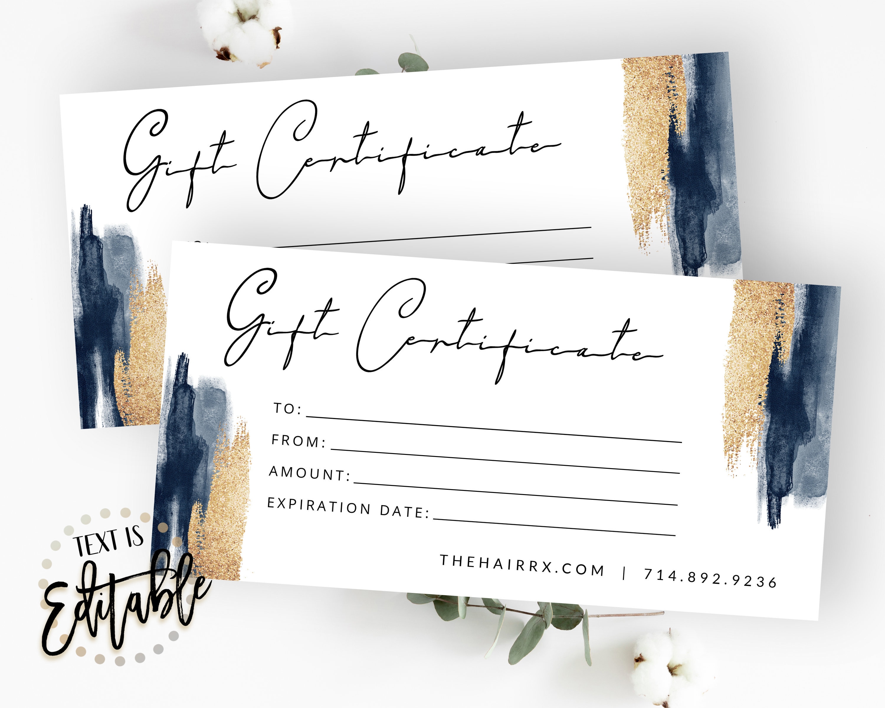 DIY Gift Certificate Template, Navy Blue and Gold Watercolor, Printable ...