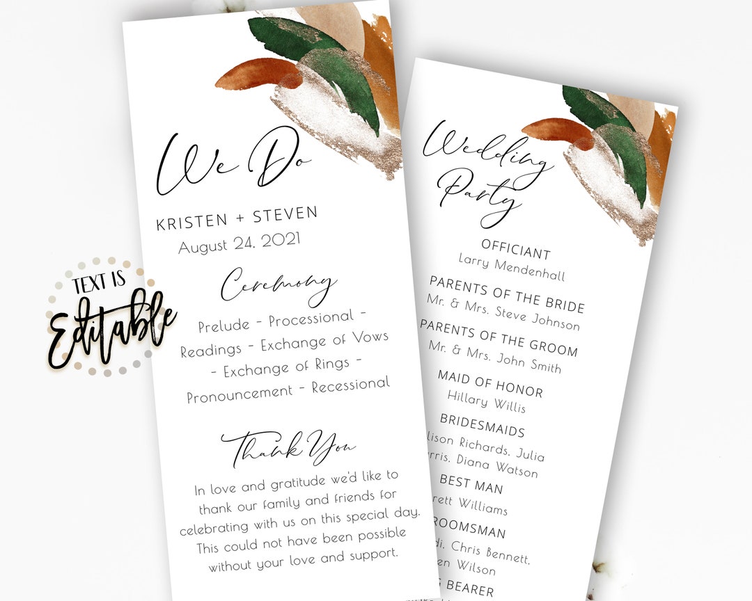 Emerald Green Abstract Wedding Program Template, Printable Ceremony ...