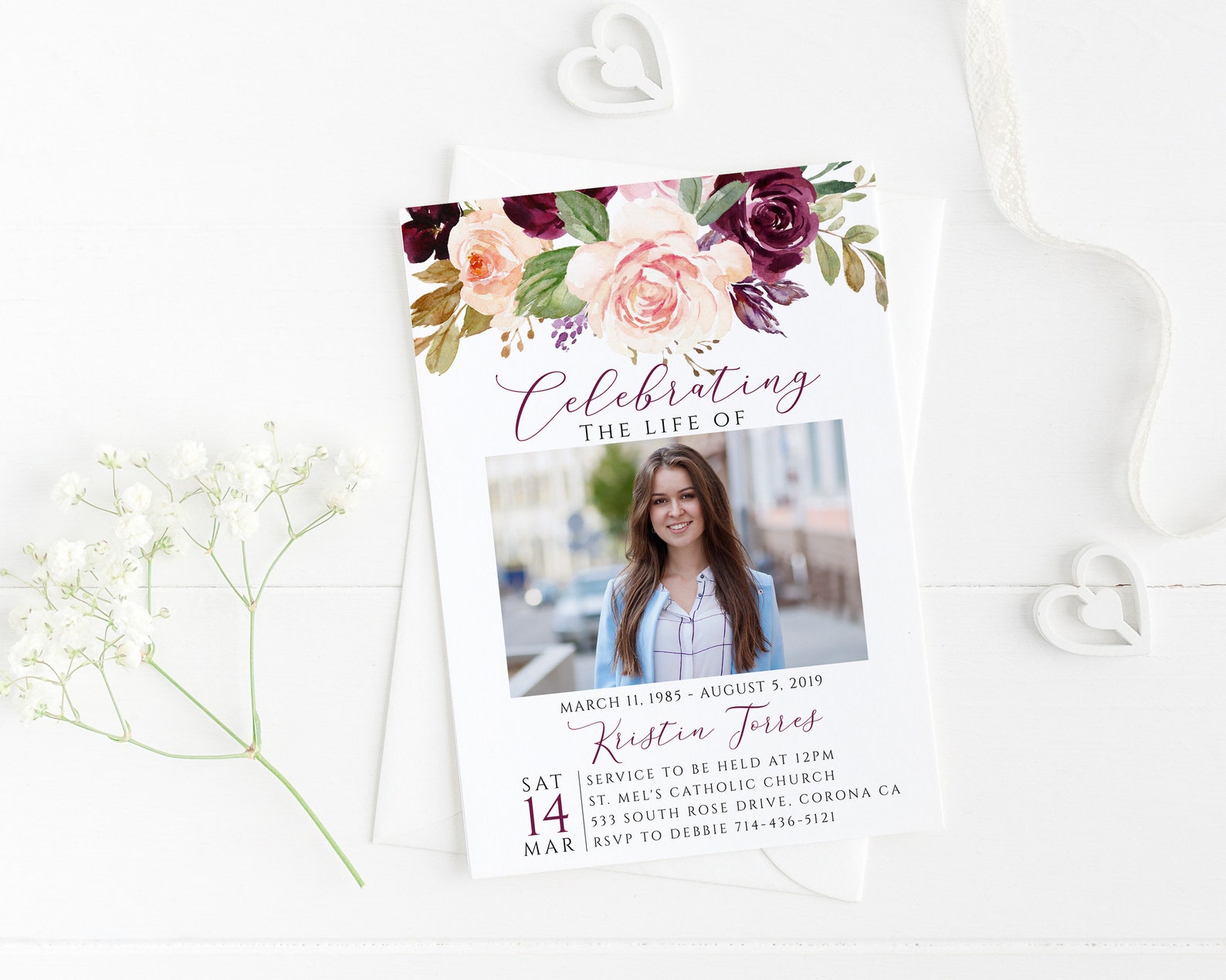 Floral Celebration of Life Invite, Photo Announcement Invite, Burgundy ...