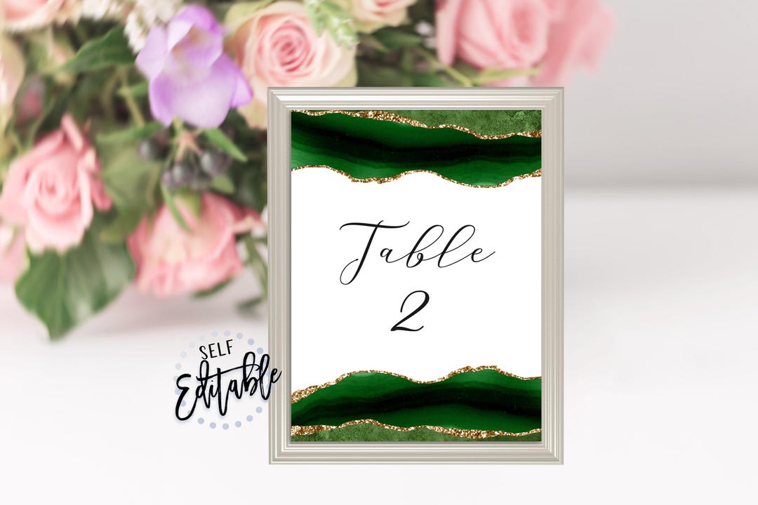 Emerald Green Table Numbers Template, Agate Geode Watercolor, Wedding ...