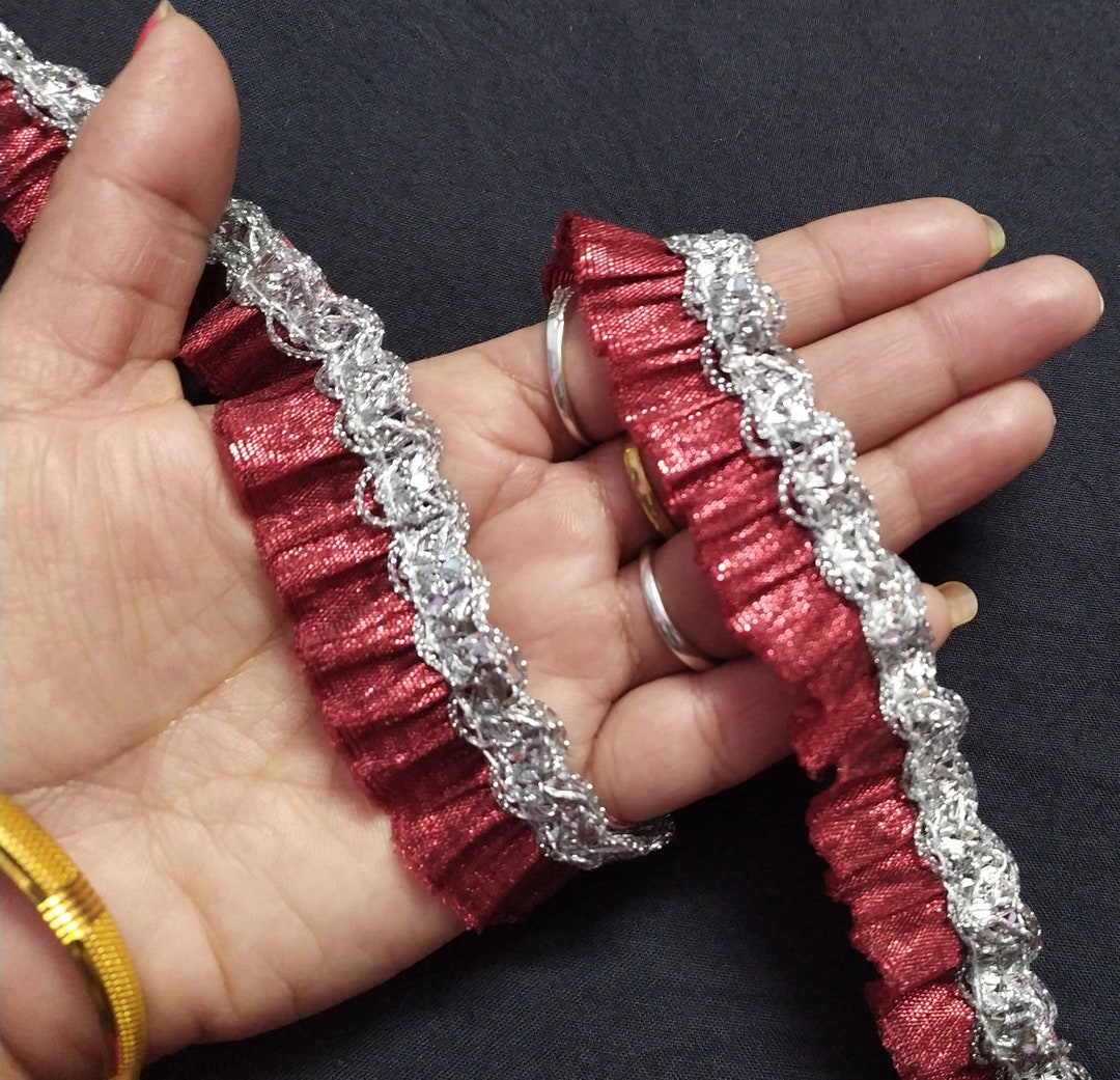 BY Yard Indian Red and Silver Color Elastic Fringe Trim, Costume Border ...