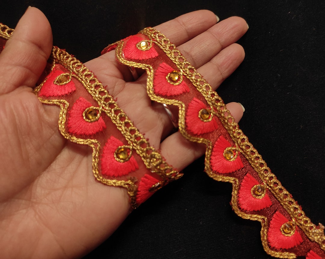 By Yards Indian Red & Gold Floral Scallops Net Embroidered Lace, Beaded ...