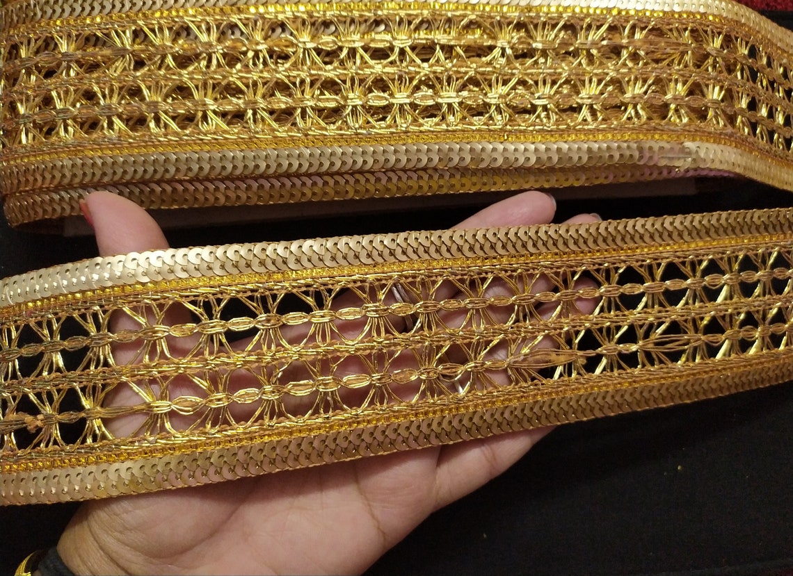 By Yard Indian Metallic Gold Color Net Woven Work Sequin Gimp | Etsy