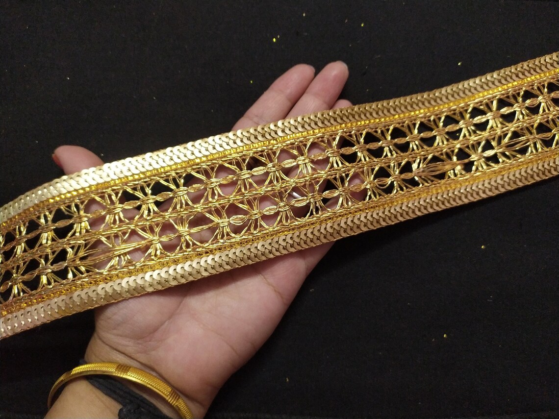By Yard Indian Metallic Gold Color Net Woven Work Sequin Gimp | Etsy