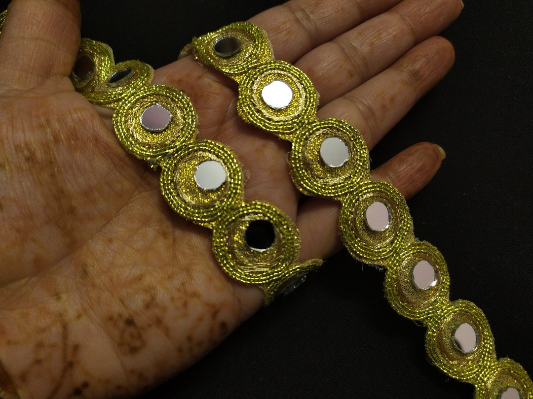 BY Yard Indian Metallic Gold Color Trim, Mirror Work Floral Design ...