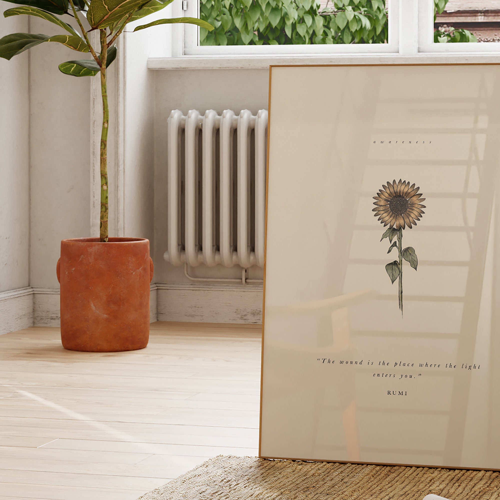 Sunflower Floral Art Print, Positive Affirmations With Rumi Quote ...
