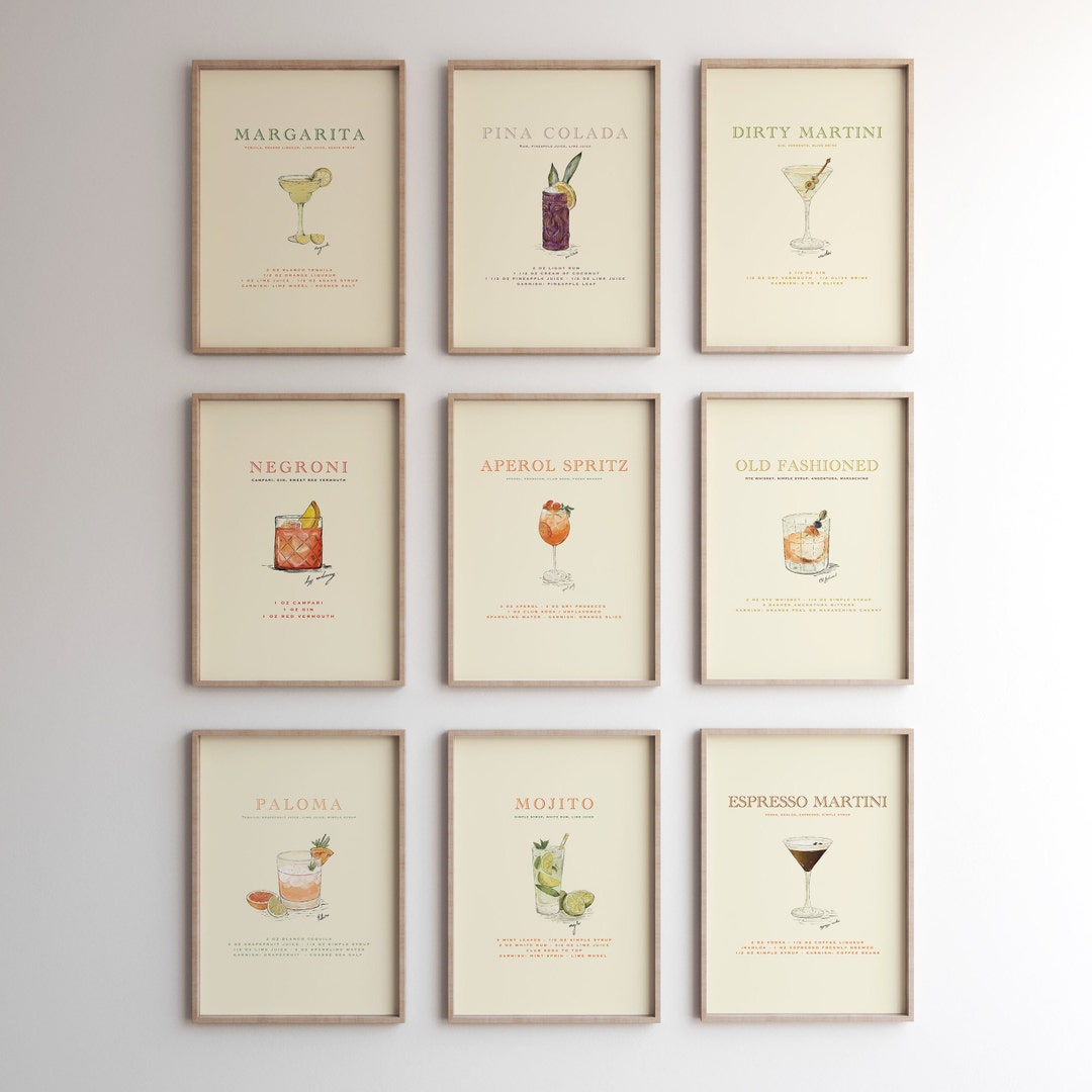 COCKTAIL PRINT SET of 9, Retro Cocktail Gallery Wall Set, Drinks Wall ...