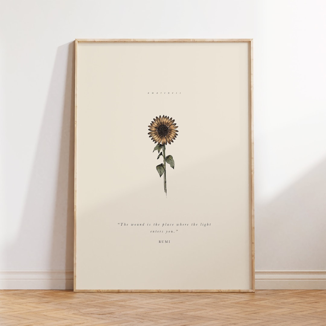 Sunflower Floral Art Print, Positive Affirmations With Rumi Quote ...