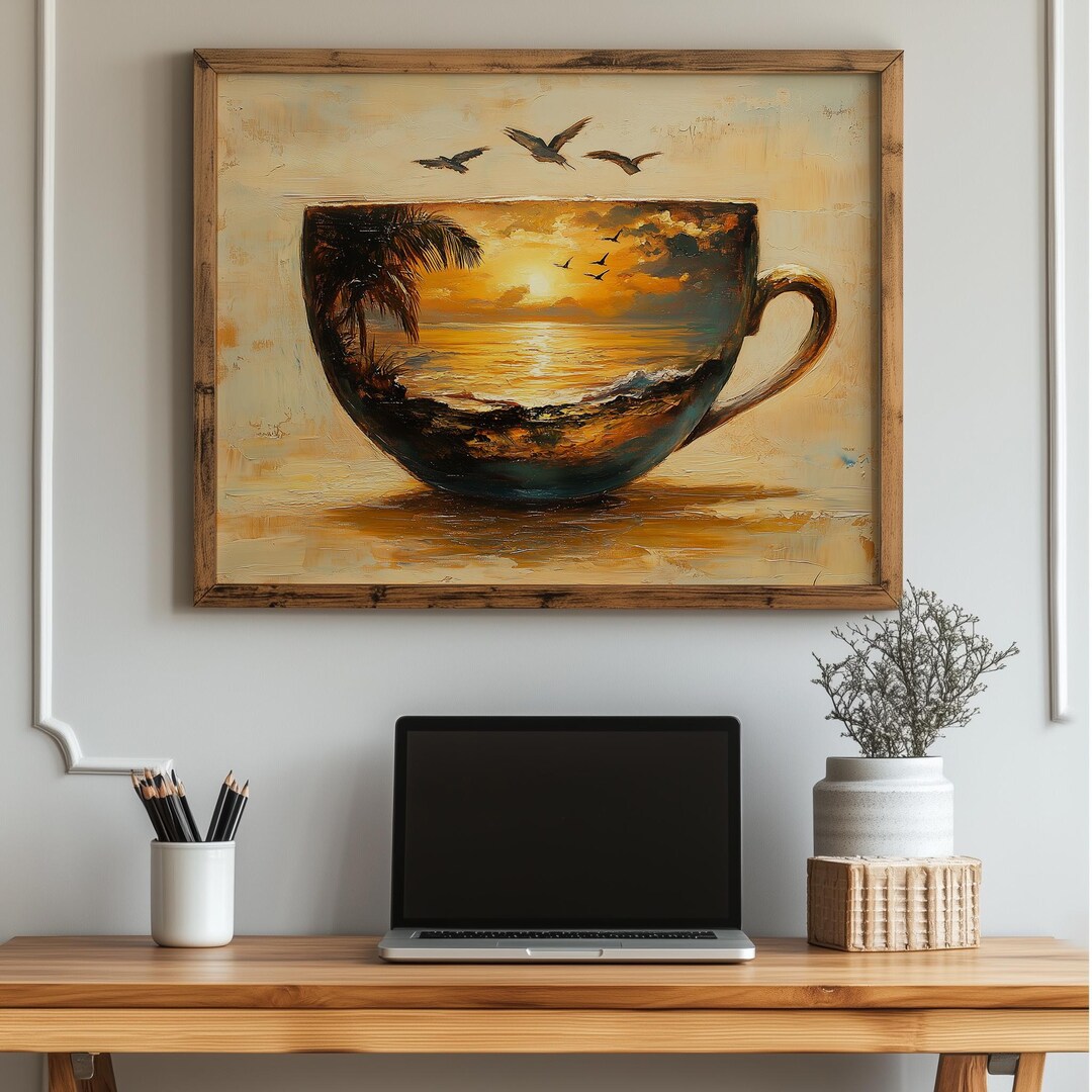Sunset Tea Cup Beach Scene Art – Printable Landscape Painting (digital ...