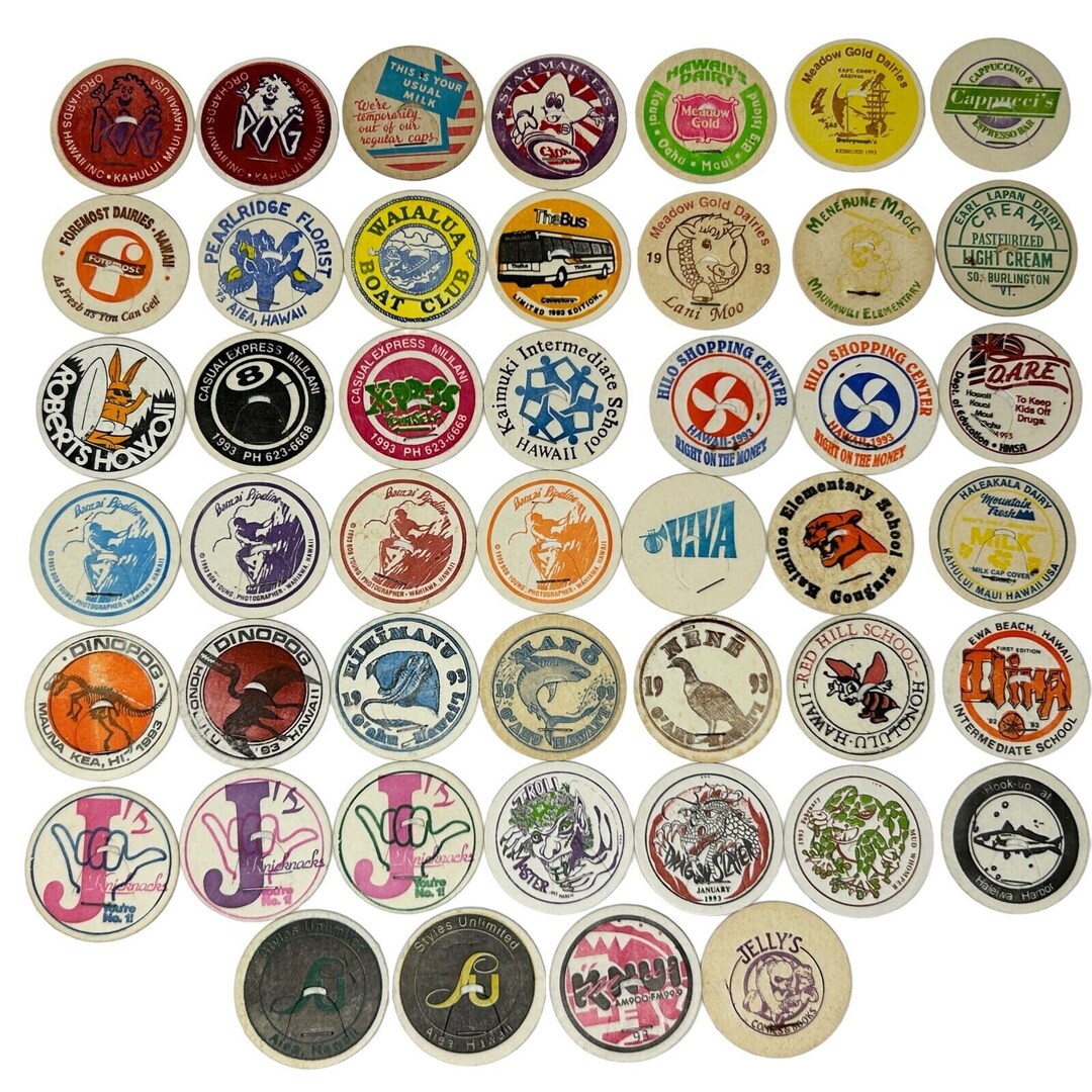 Lot of 46 Hawaii Milk Caps Pogs Vintage 90s Hawaiian Game Pieces 1993 ...