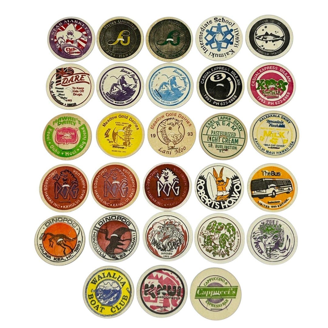 Lot of 28 Hawaii Milk Caps Pogs Vintage 90s Hawaiian Advertising Game ...
