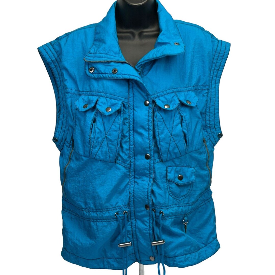 Vintage Lavon Sport Vest Jacket Womens Medium 90s Satin Blue Pockets ...