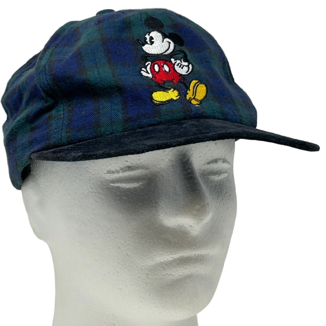 Mickey Mouse Plaid Flannel Hat Vintage 90s Blue Disney Store Baseball ...