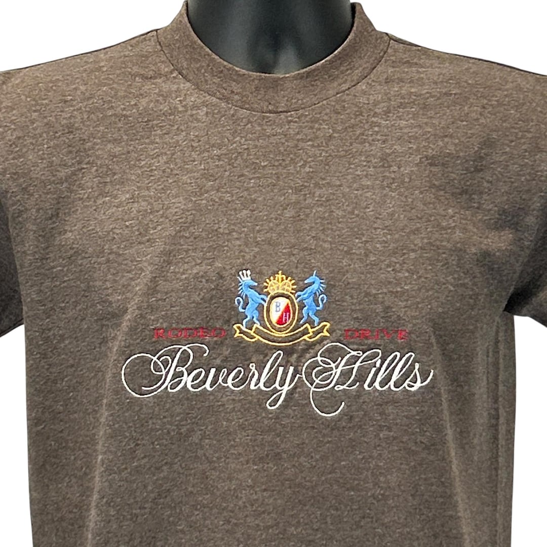 Vintage 90s Beverly Hills Rodeo Drive T Shirt Mens Small Brown Crest ...