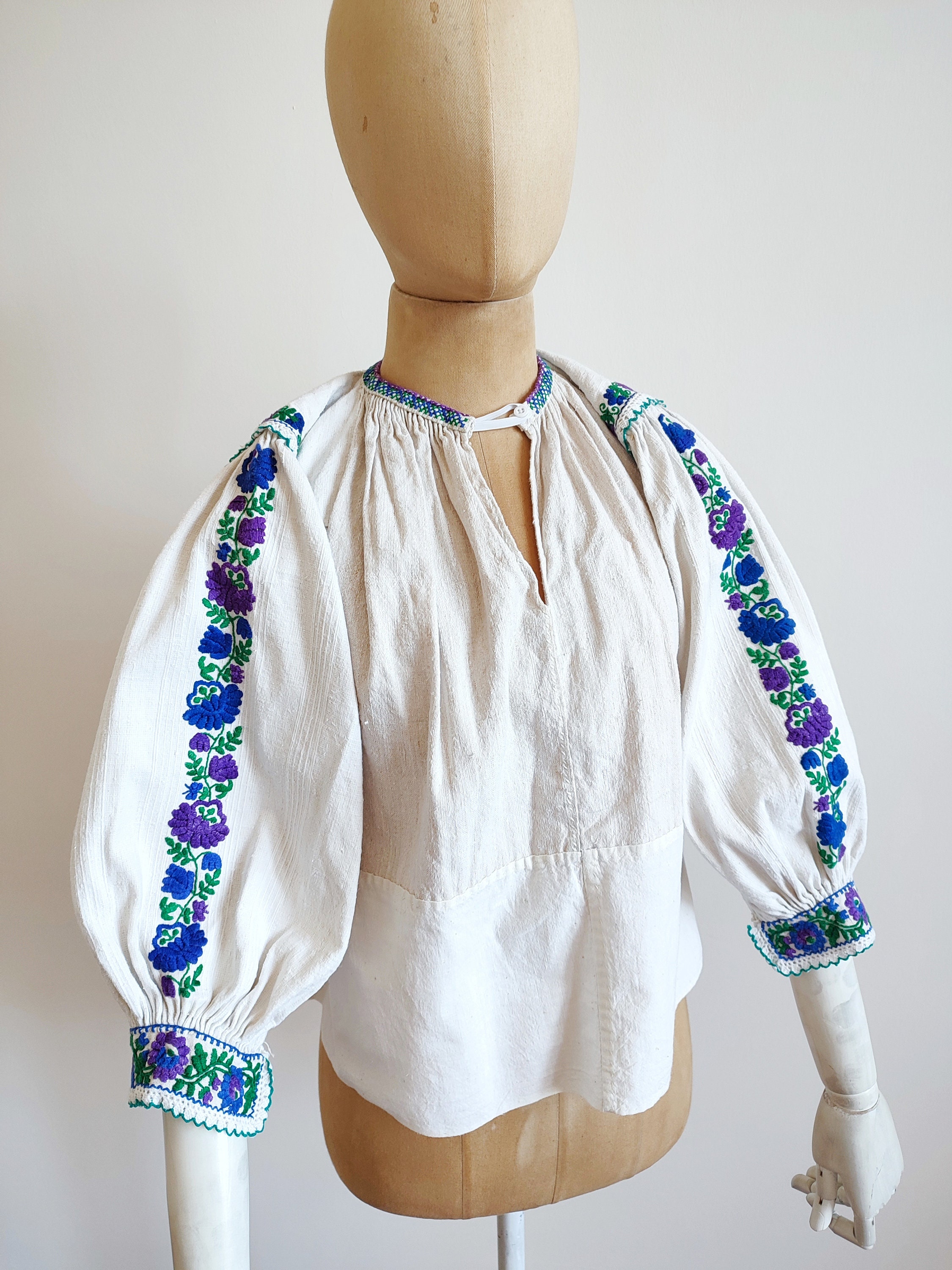 1930 bunte antike rumänische Bluse Leinen Folklore Stickerei - Etsy.de