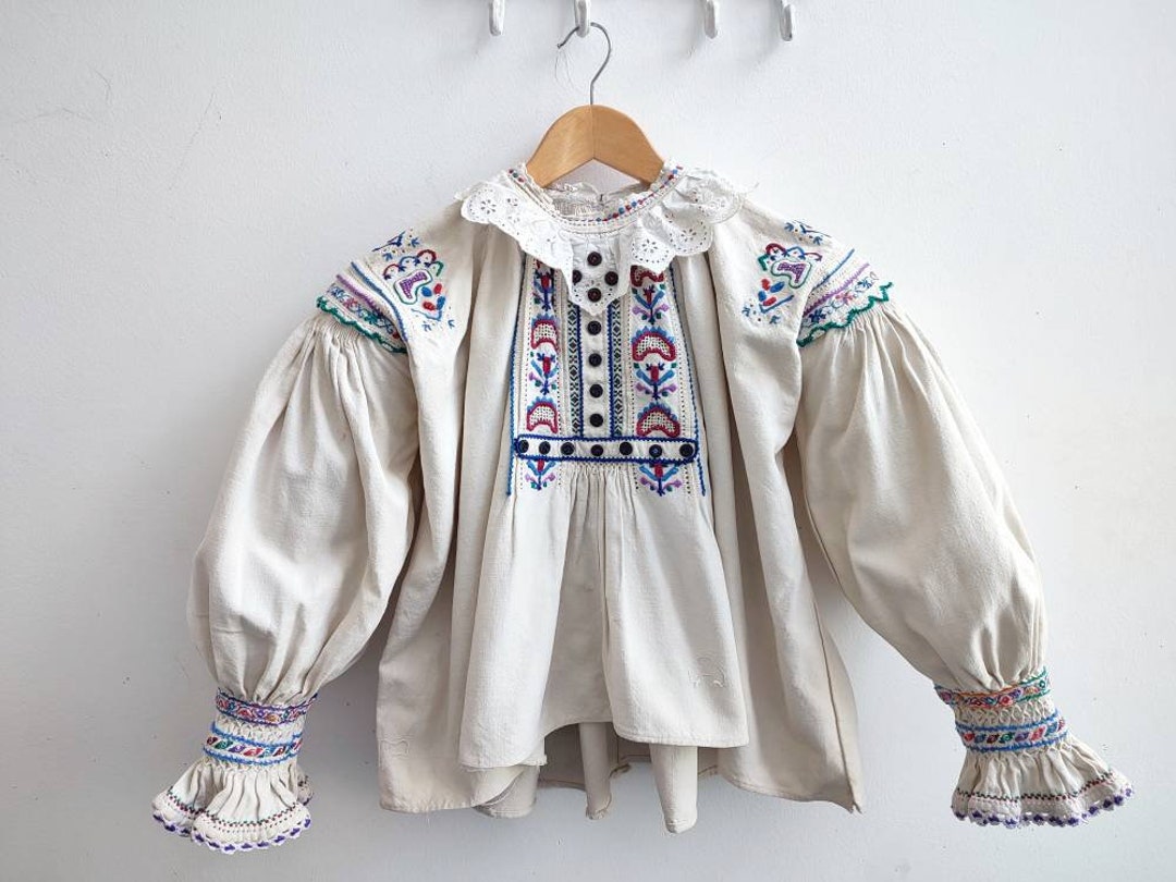 Antike Leinen Blumen bestickte rumänische Bluse Folklore ethnischen ...