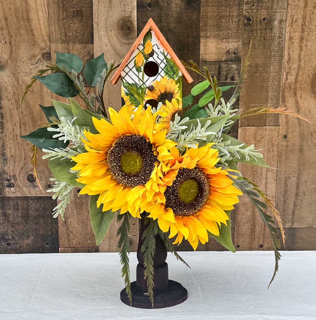 Sunflower Candle Stick Arrangement, Sunflower Birdhouse Decor ...